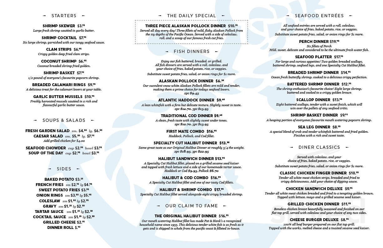 Pat and Hanks menus in Windsor, Ontario, Canada