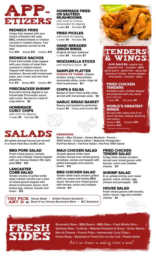 Lancaster's BBQ menu in Mooresville, North Carolina, USA
