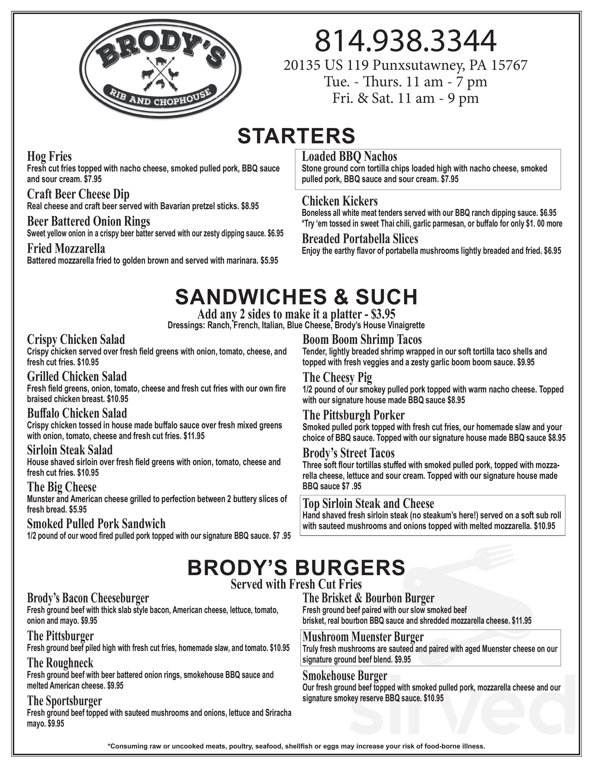 Menu for Brody's BBQ in Punxsutawney, PA | Sirved