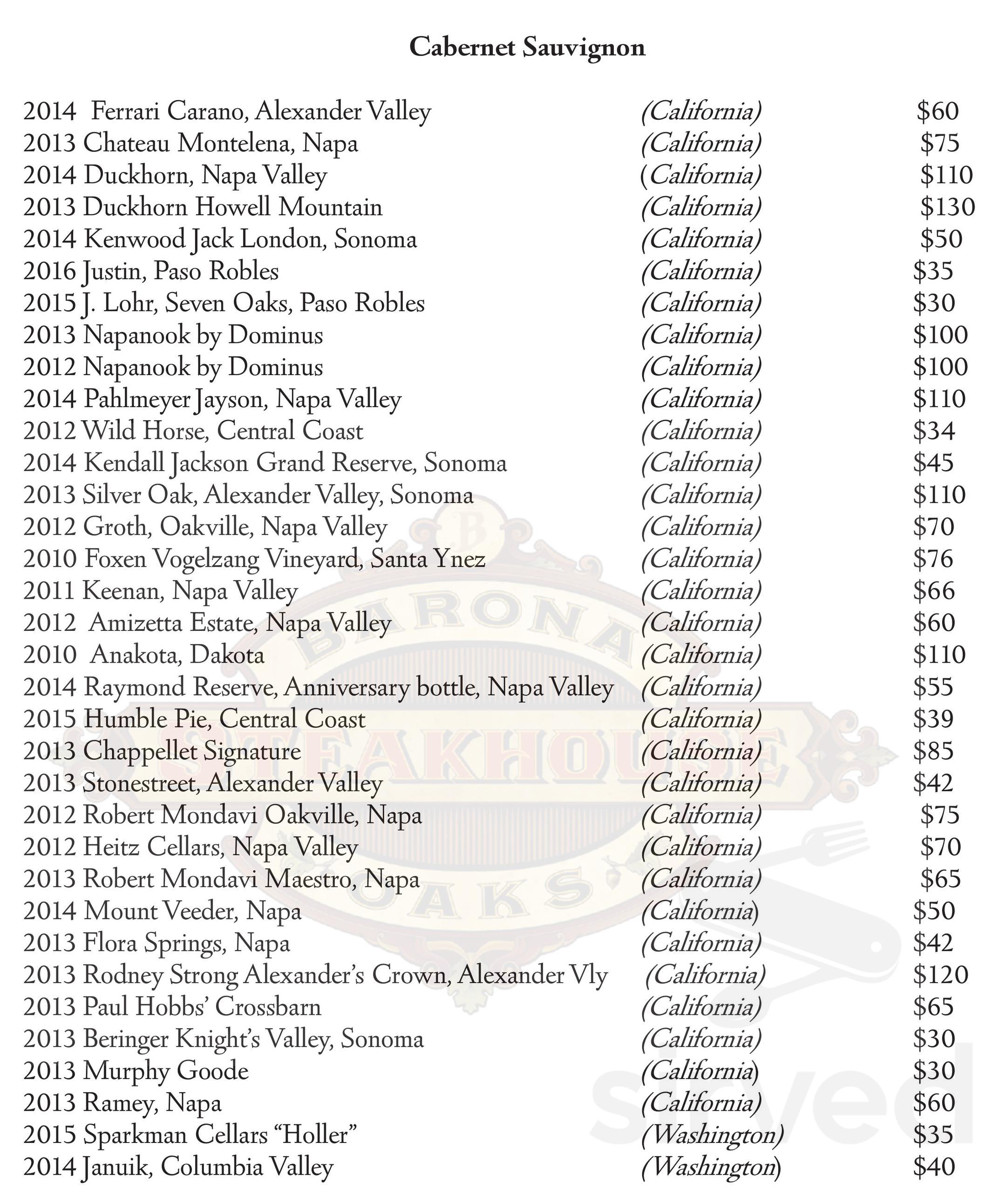 Menu - Lakeside CA's Barona Oaks Steakhouse | Sirved