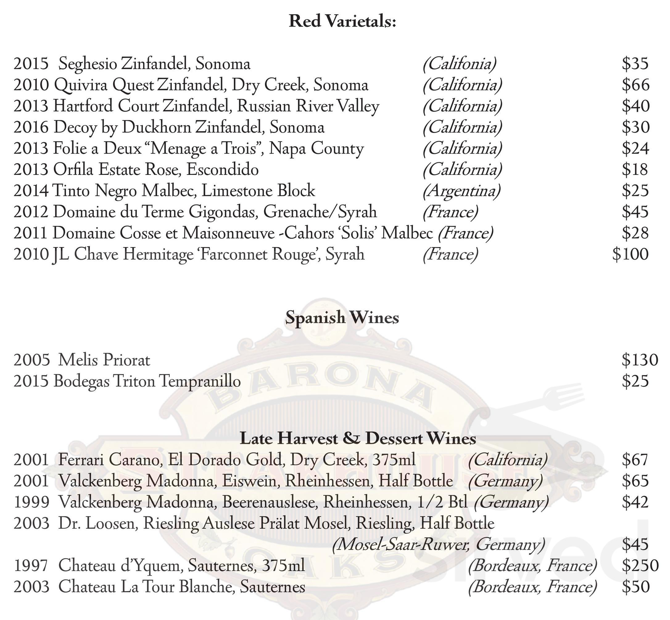 Menu - Lakeside CA's Barona Oaks Steakhouse | Sirved