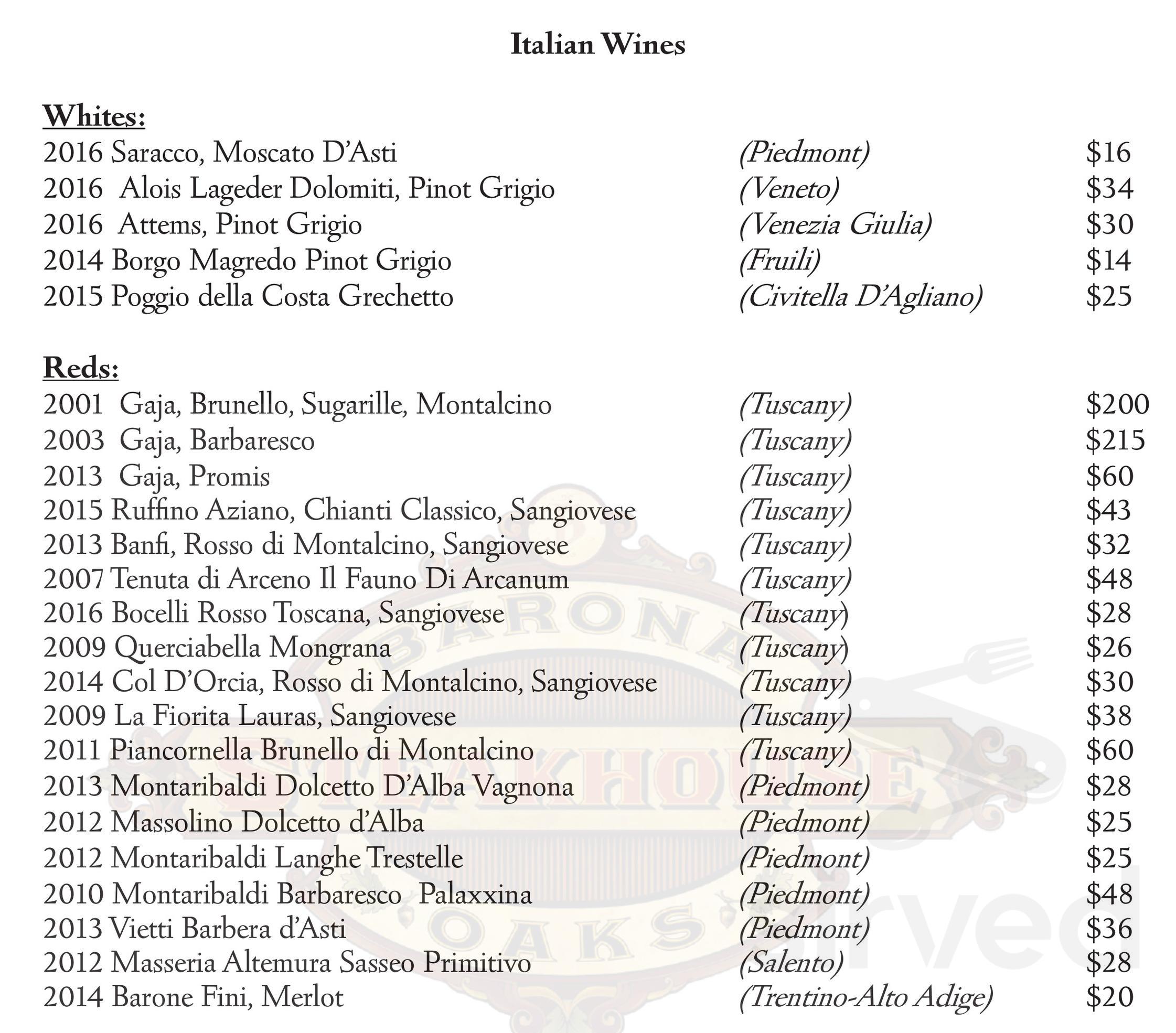 Menu - Lakeside CA's Barona Oaks Steakhouse | Sirved