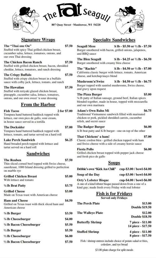 The Fat Seagull menu in Manitowoc, Wisconsin, USA