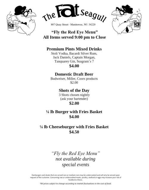 The Fat Seagull menu in Manitowoc, Wisconsin, USA