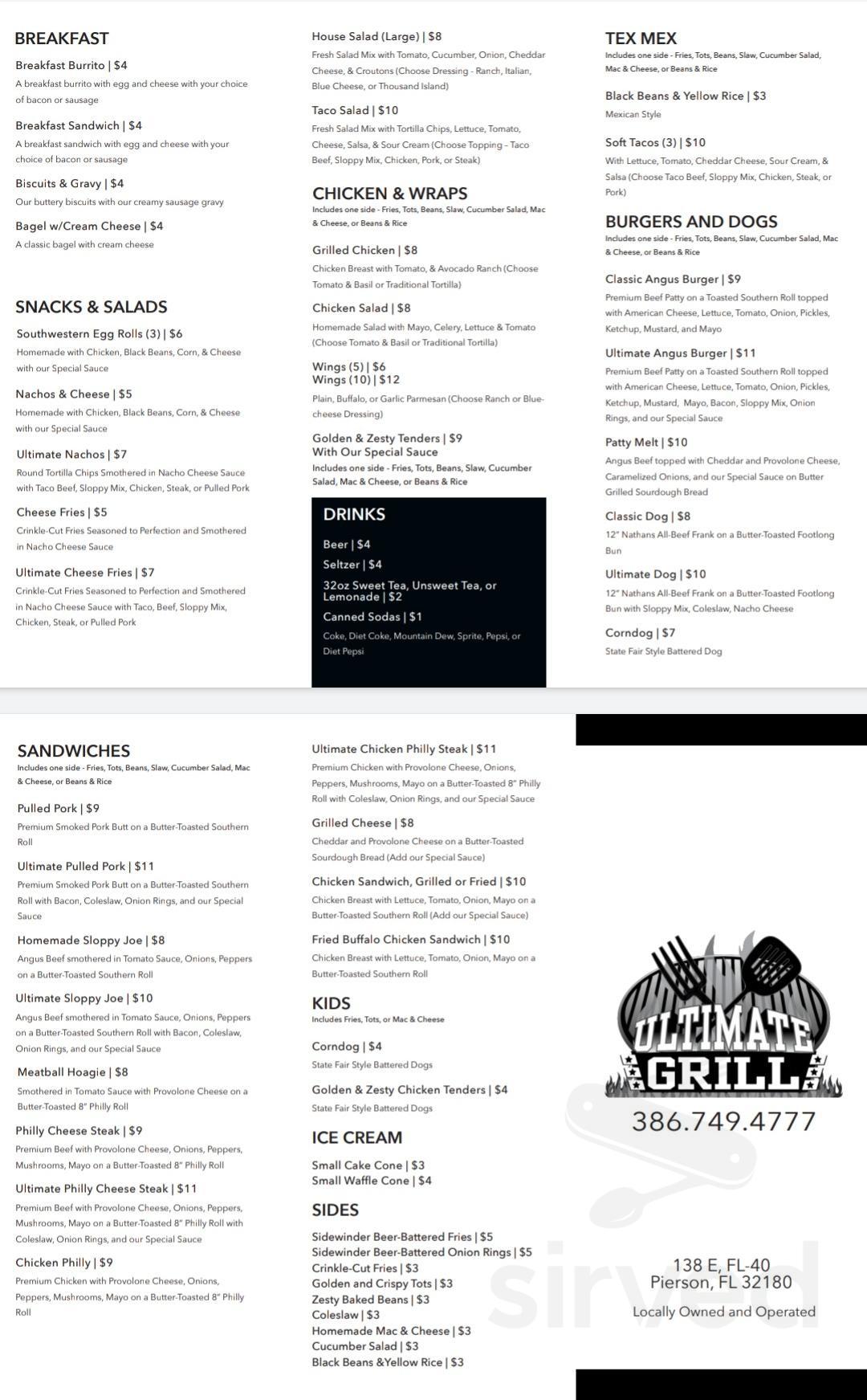 Ultimate Grill Destination Spot menu in Pierson, Florida, USA