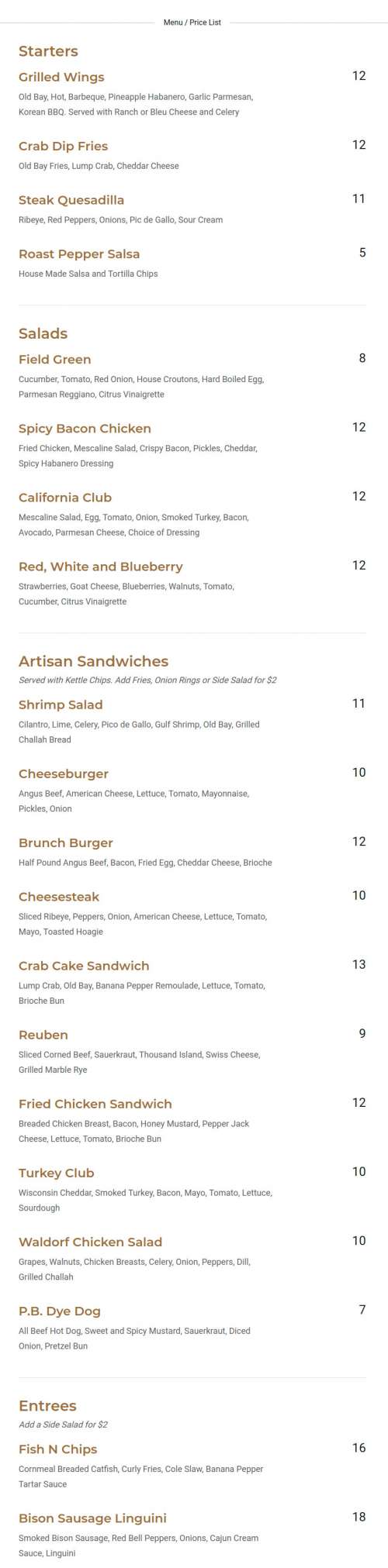 PB Dye Golf Club menu in Ijamsville, Maryland, USA