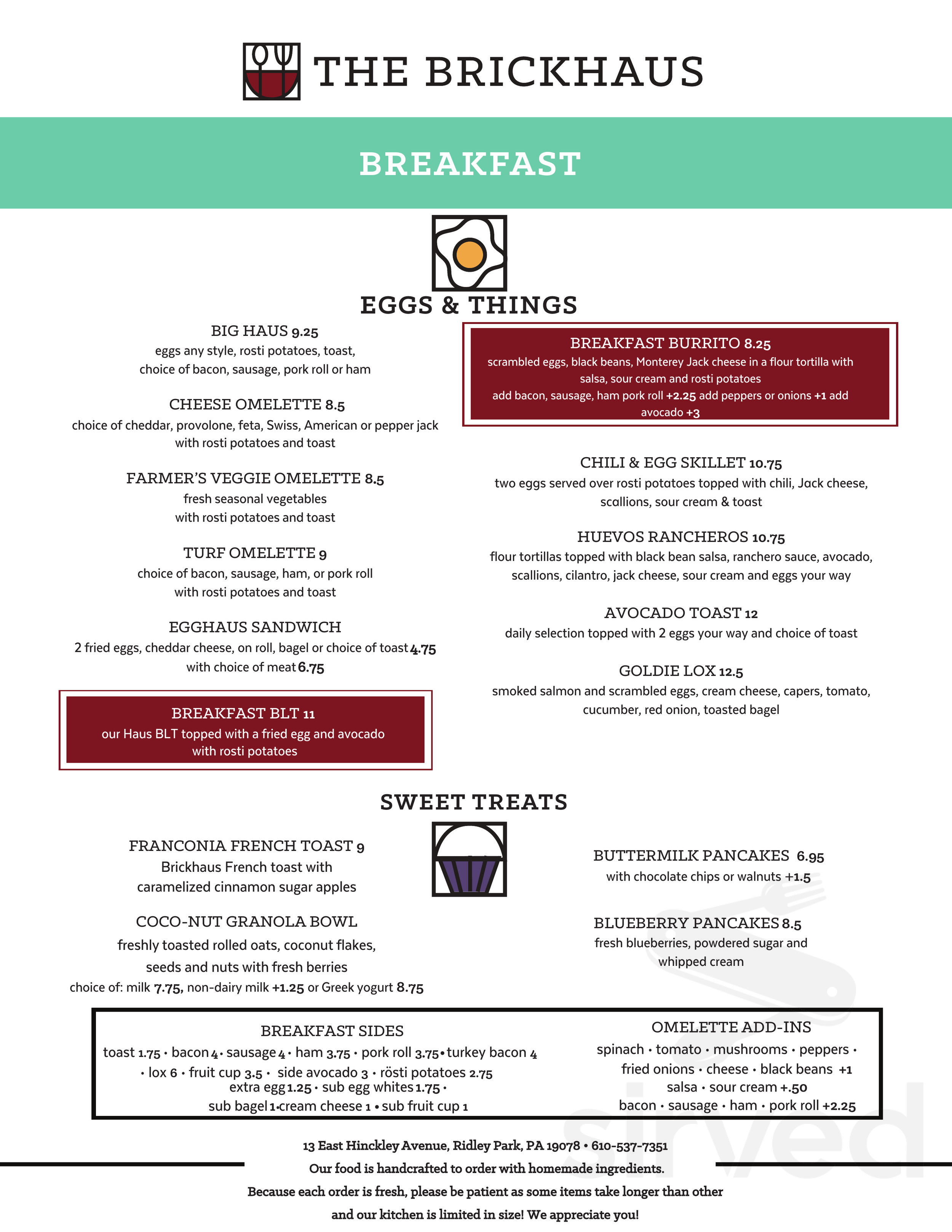 The BrickHaus menu in Ridley Park, Pennsylvania, USA