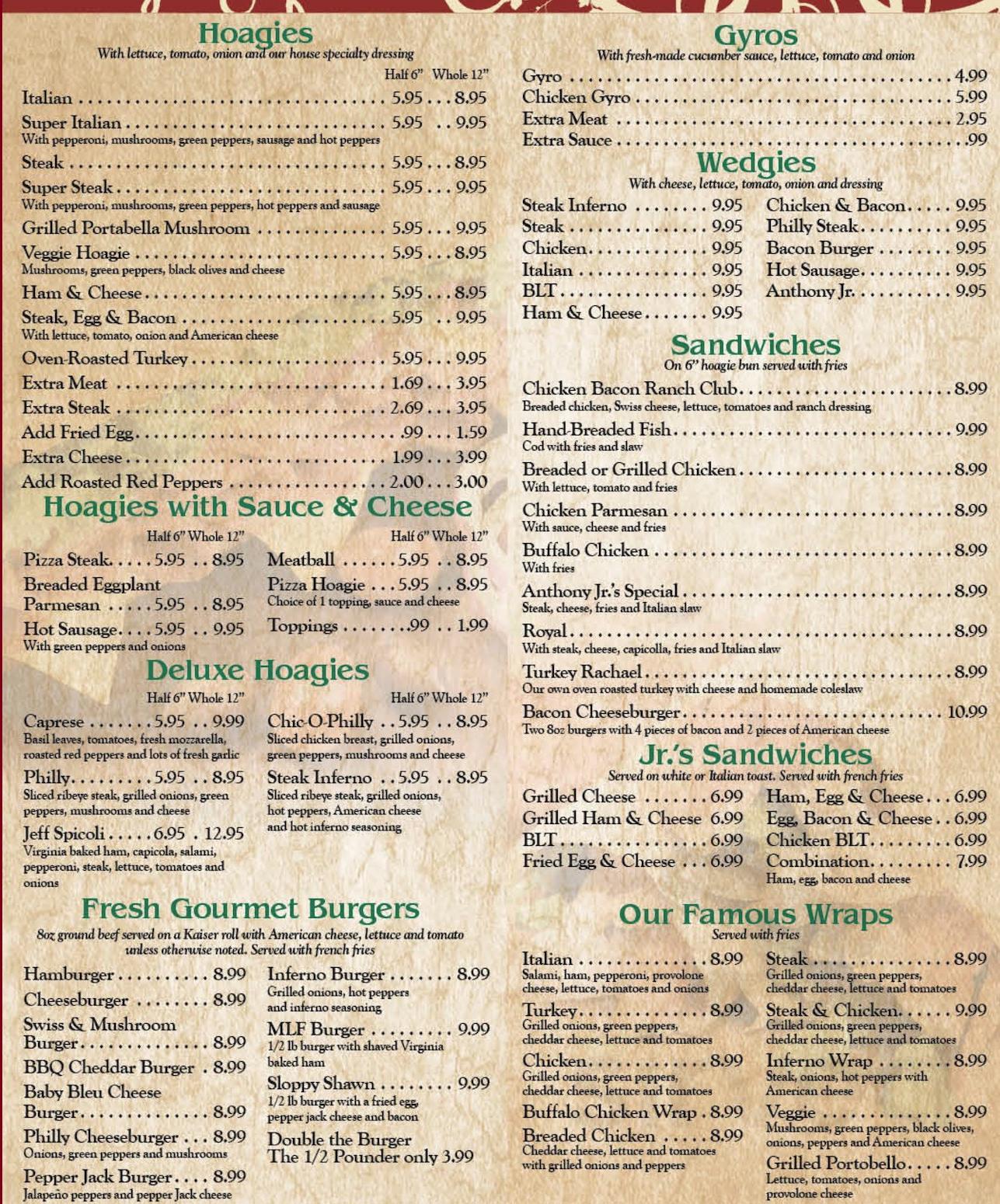 Anthony Jr's Restaurant & Pizzeria menu in Coraopolis, Pennsylvania, USA
