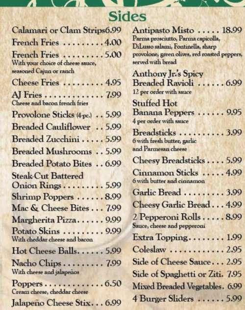 Anthony Jr's Restaurant & Pizzeria menu in Coraopolis, Pennsylvania, USA