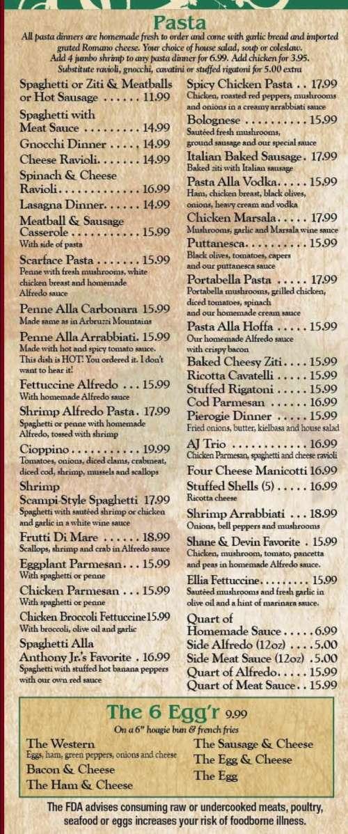 Anthony Jr's Restaurant & Pizzeria menu in Coraopolis, Pennsylvania, USA