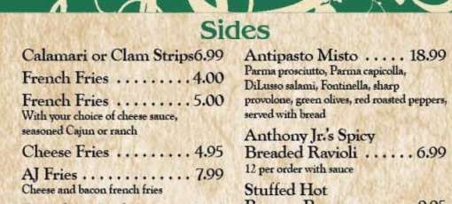 Menu for Anthony Jr's Restaurant & Pizzeria in Coraopolis, PA | Sirved