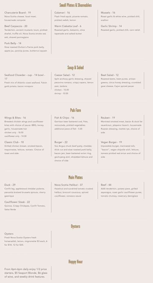 Seaport Social menu in Halifax, Nova Scotia, Canada