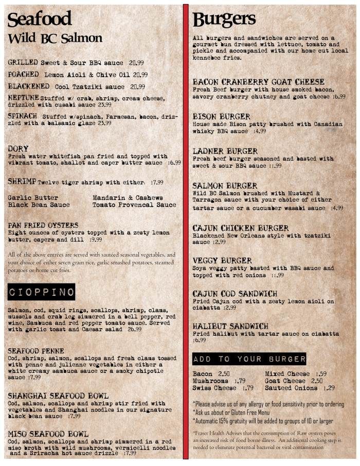 Sharkey's Seafood Bar & Grille menu in Delta, British Columbia, Canada