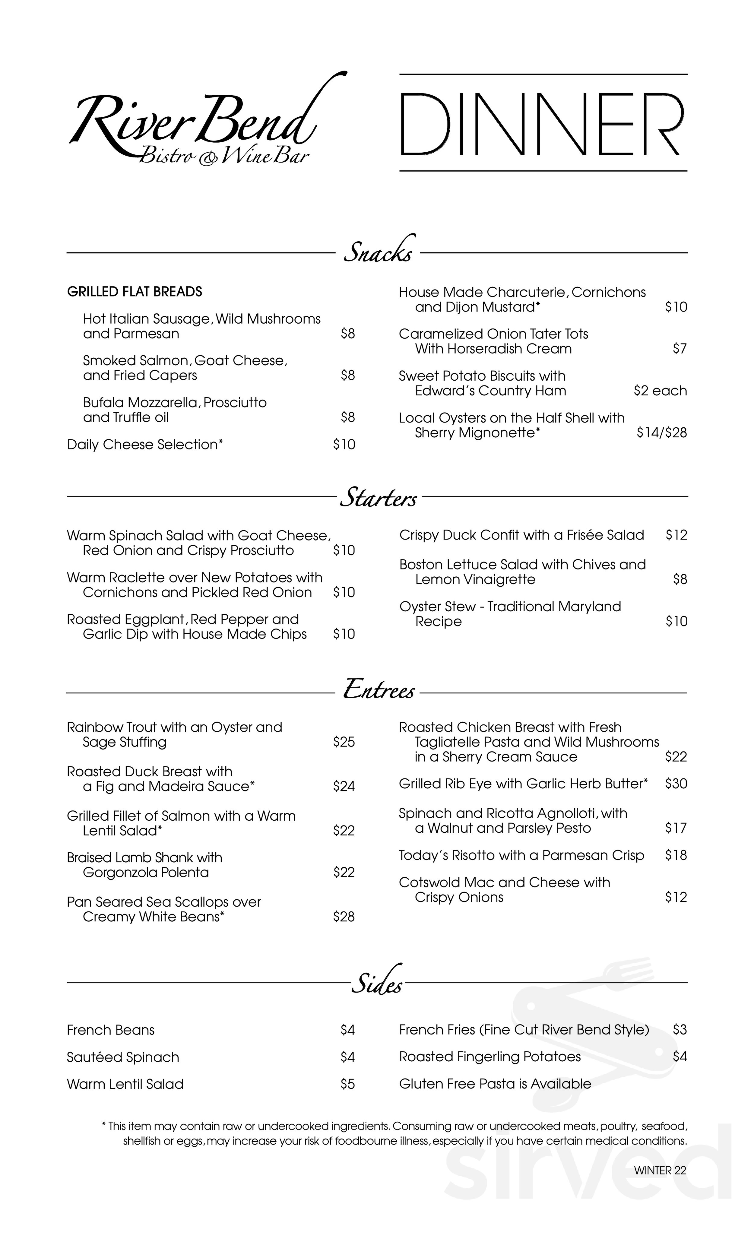 River Bend Bistro & Wine Bar menu in Alexandria, Virginia, USA