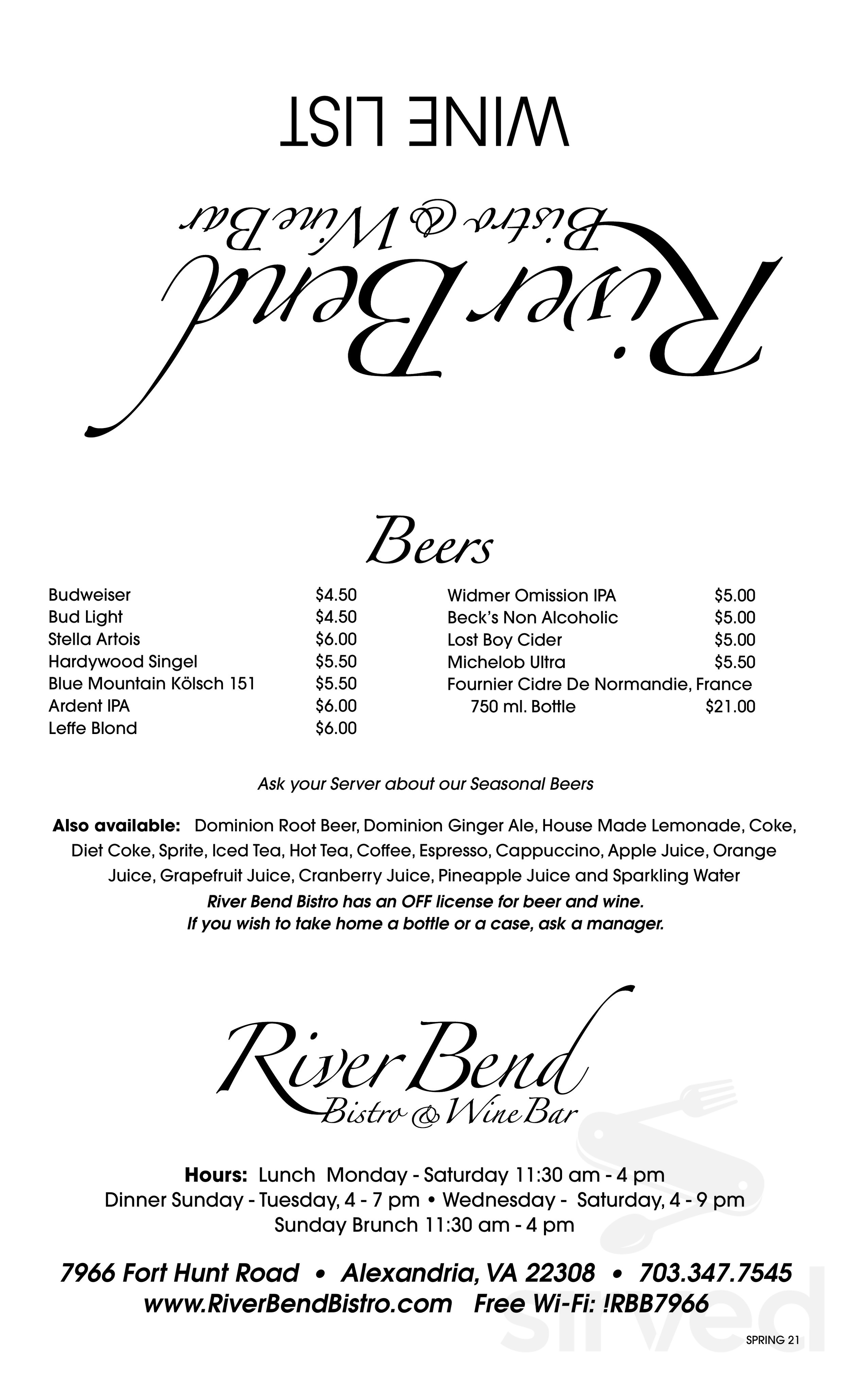 River Bend Bistro & Wine Bar menu in Alexandria, Virginia, USA