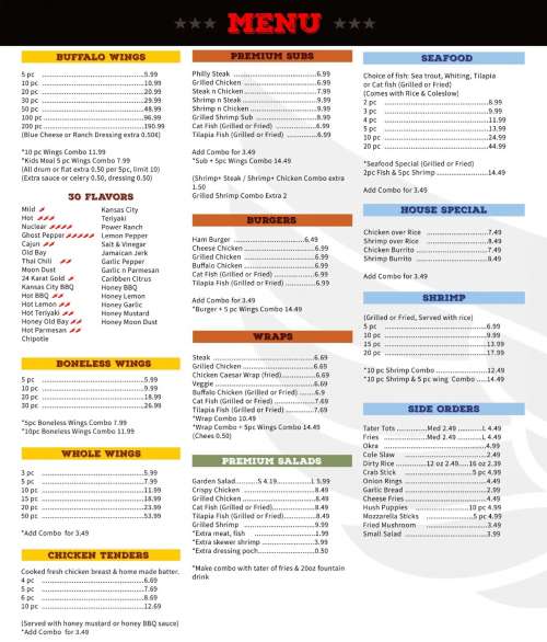 America's Best Wings menu in Woodbridge, Virginia, USA