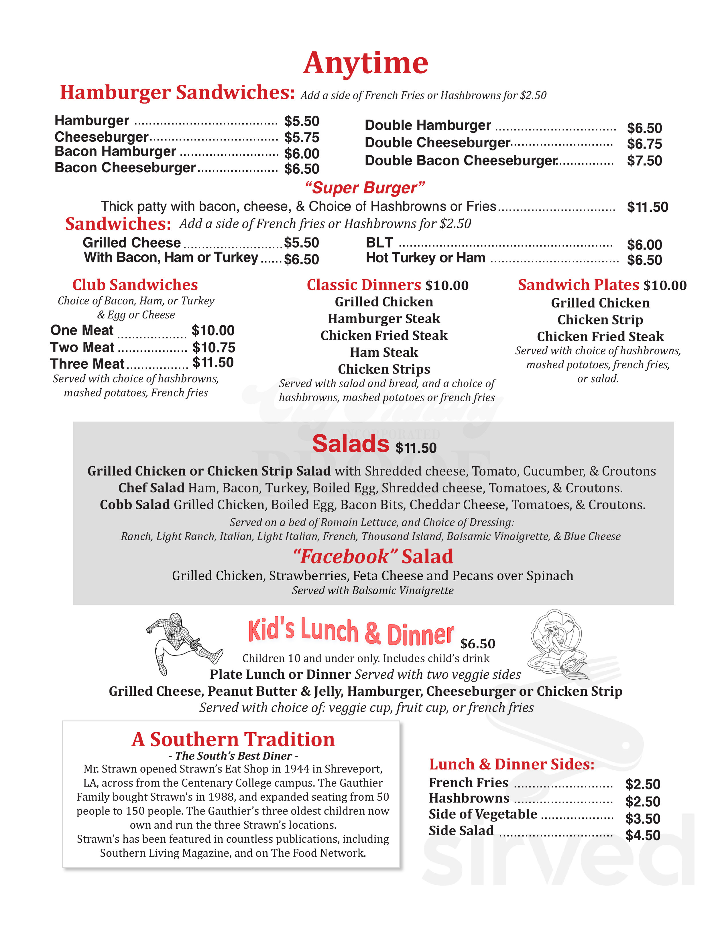 Strawn's Eat Shop menu in Shreveport, Louisiana, USA