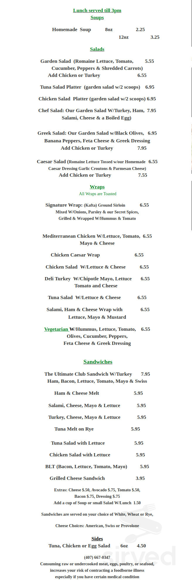 Wraps Delight Cafe menu in Maitland, Florida, USA