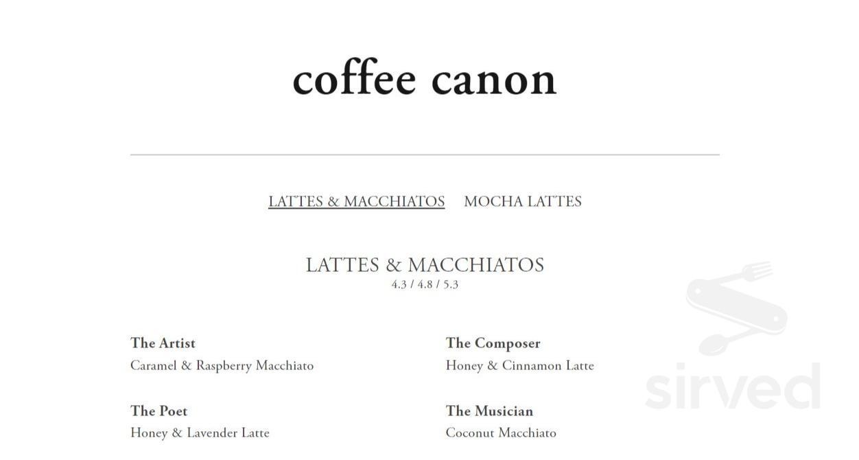 Canon Coffee menu in Apopka, Florida, USA