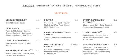 Menu for The Foundry in Manchester, NH | Sirved