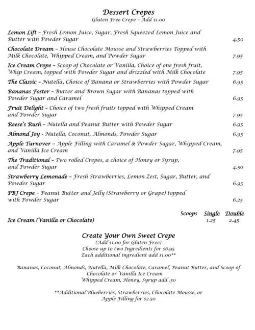 Crepe Creation Cafe menu in Myrtle Beach, South Carolina, USA