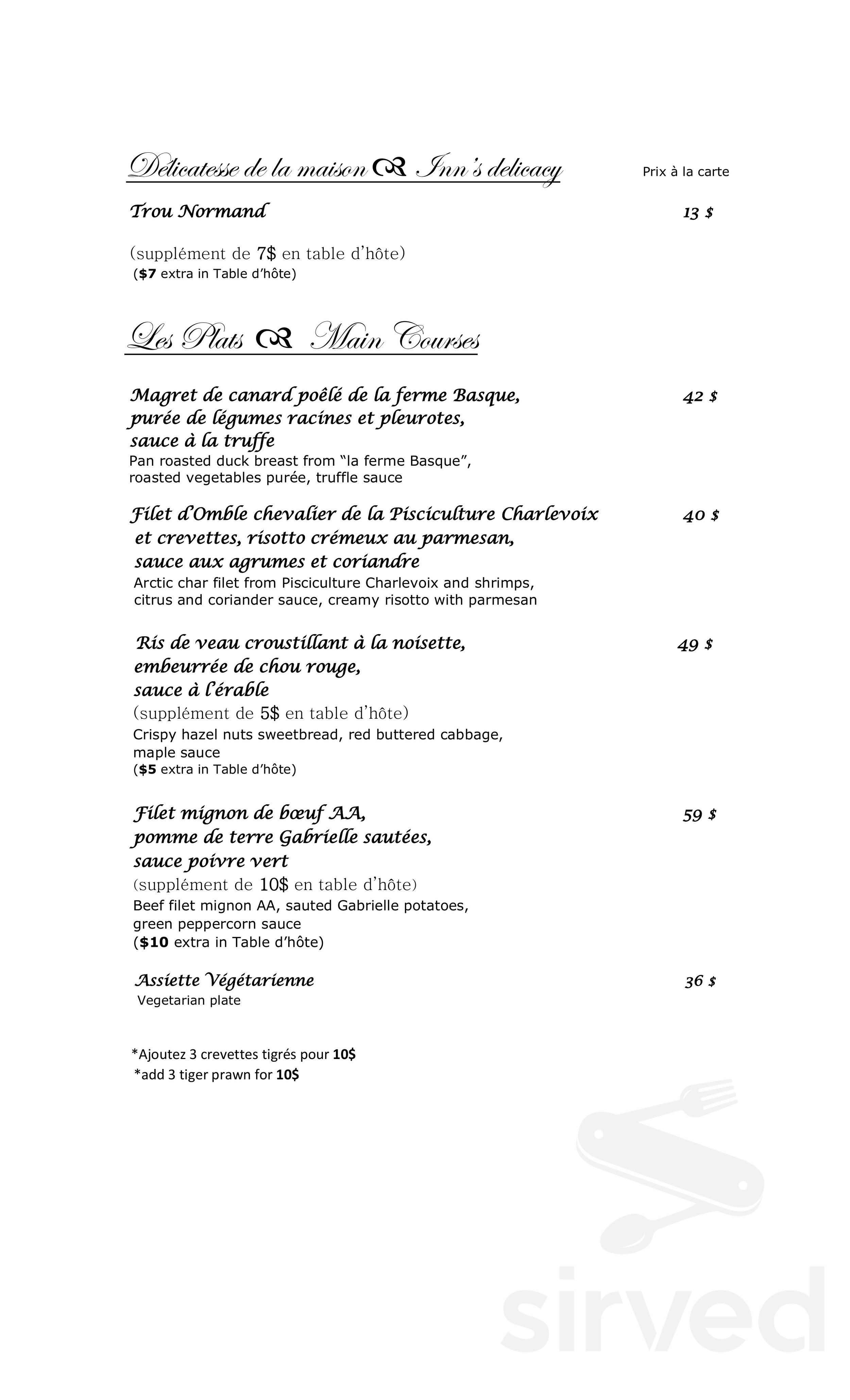Auberge des 3 Canards menu in La Malbaie, Quebec, Canada