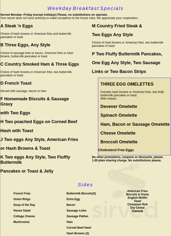 Traditional Pancake House menu in Greendale, Wisconsin, USA
