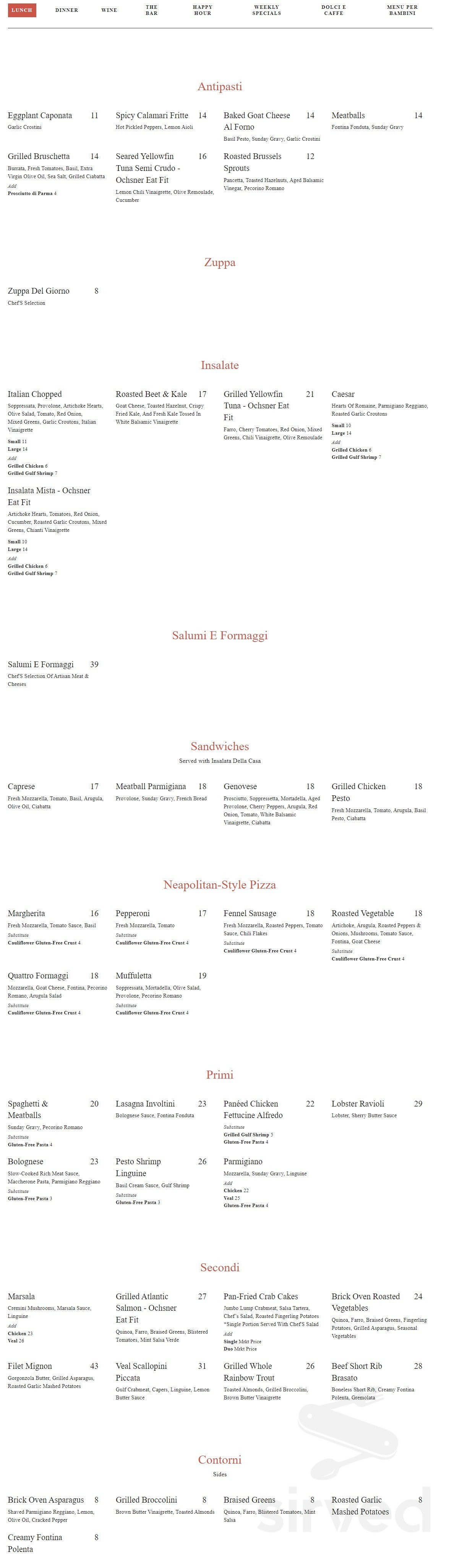 A Tavola Restaurant & Wine Bar menu in Metairie, Louisiana, USA