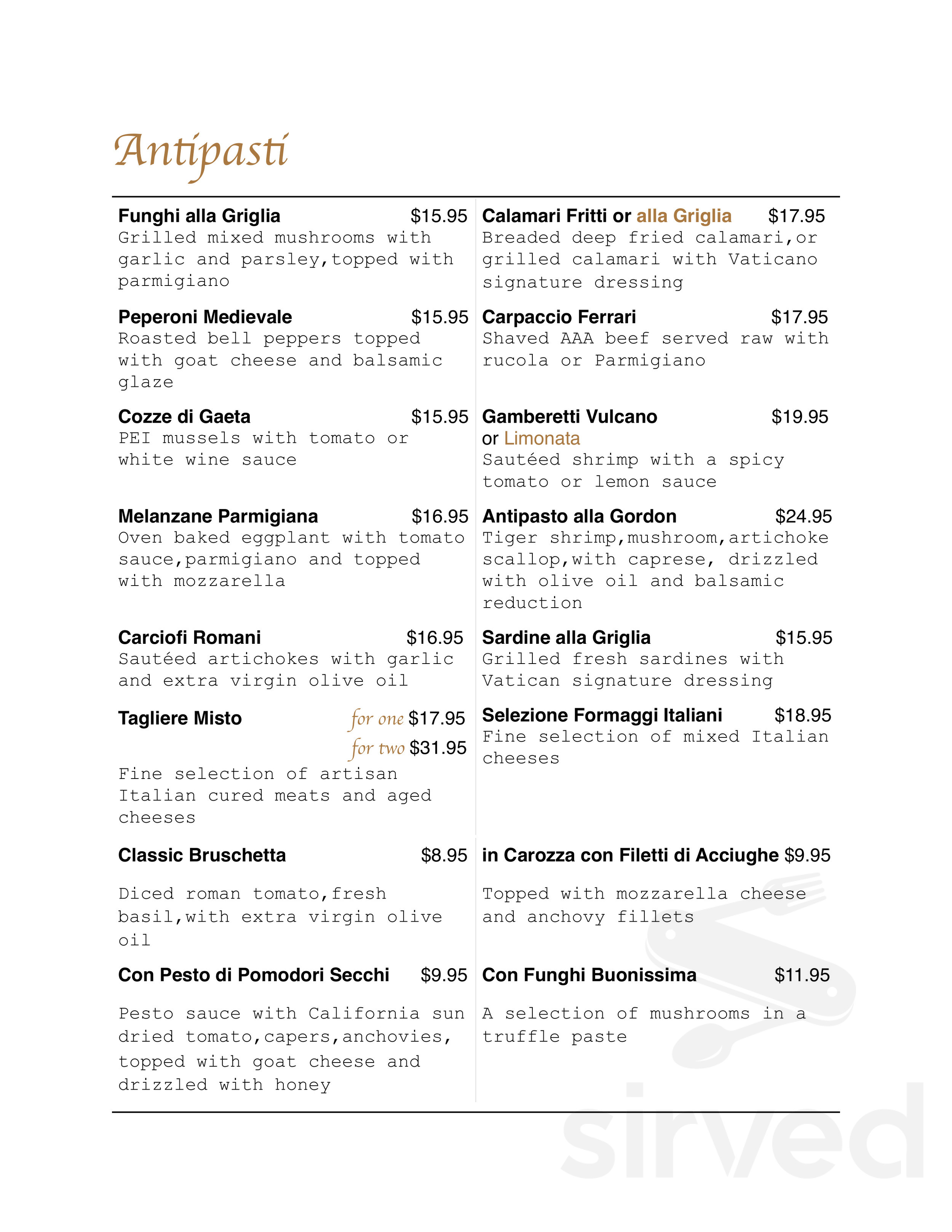 Vaticano Italian Restaurant menu in Toronto, Ontario, Canada