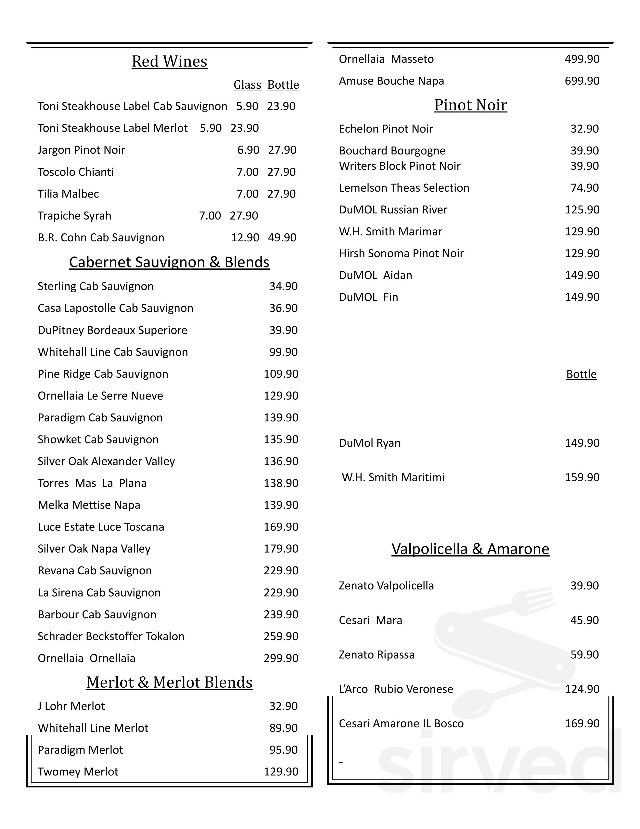 Toni Steakhouse menu in Savannah, Georgia, USA