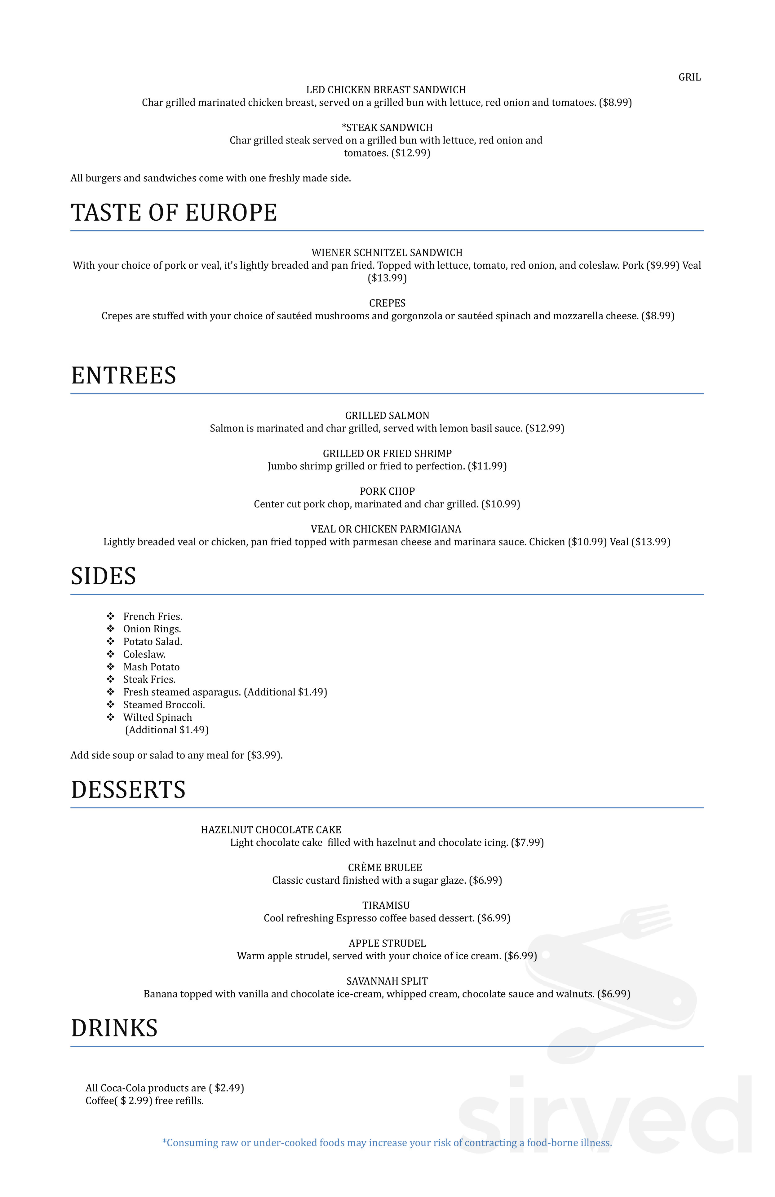 Toni Steakhouse menu in Savannah, Georgia, USA