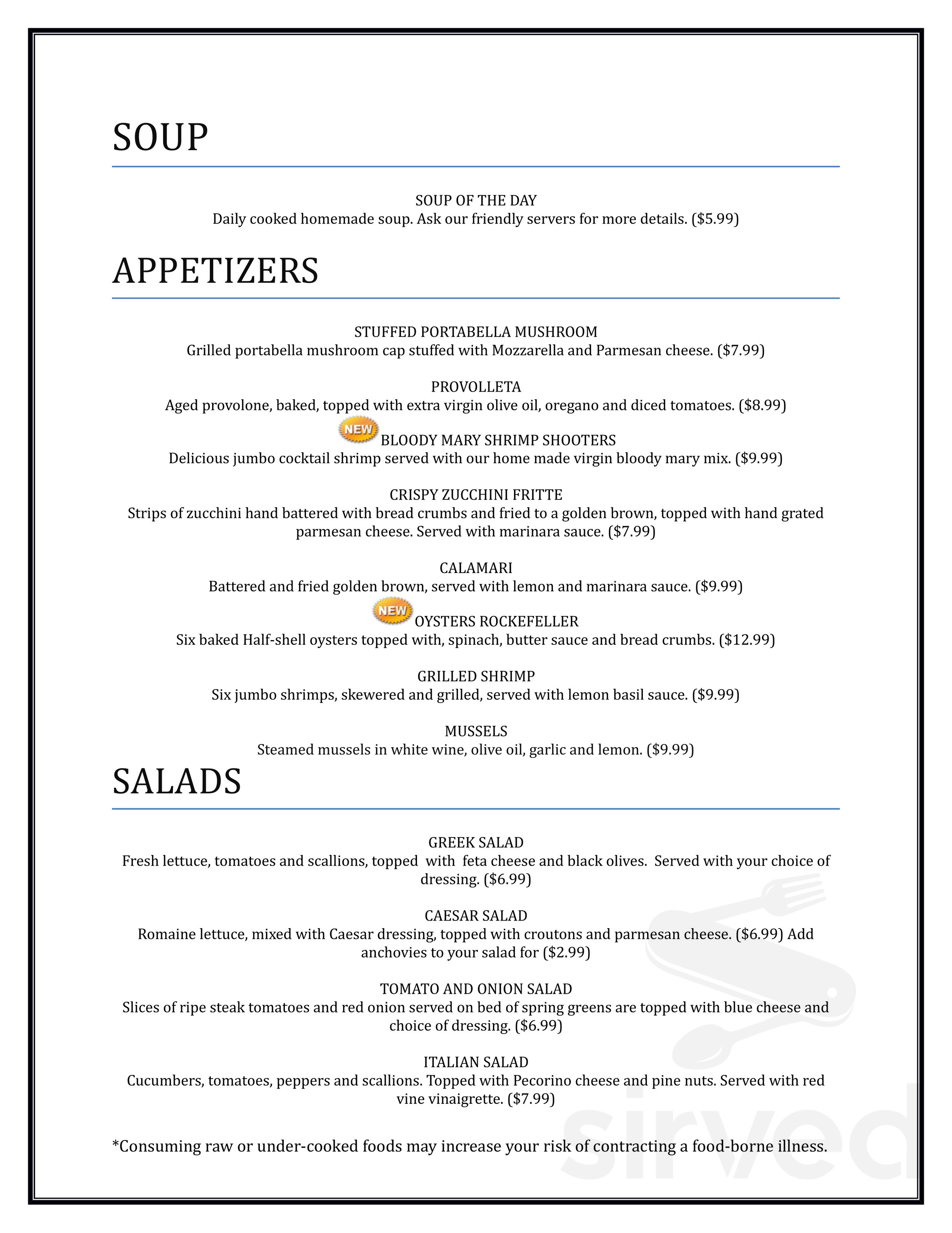 Toni Steakhouse menu in Savannah, Georgia, USA