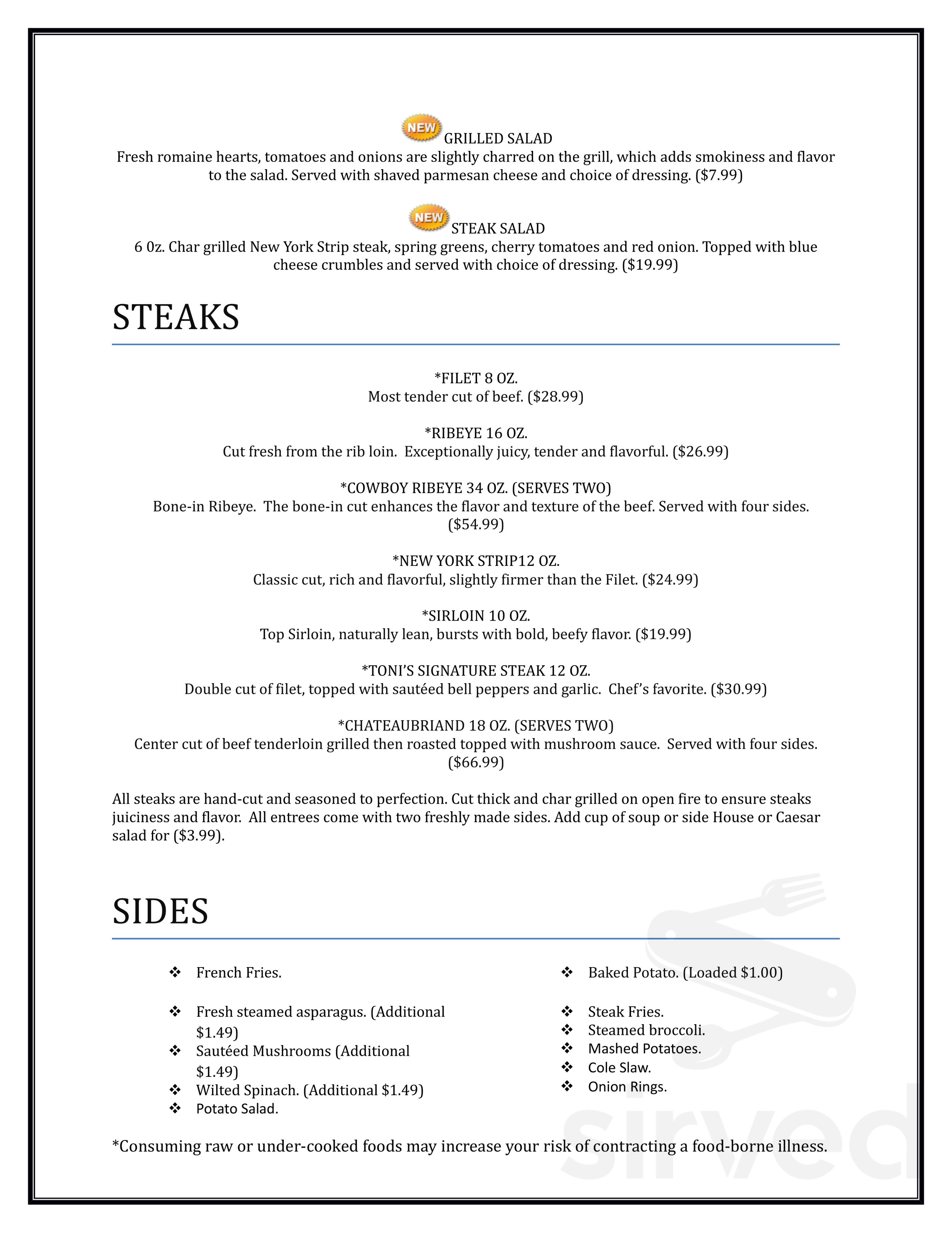 Toni Steakhouse menu in Savannah, Georgia, USA