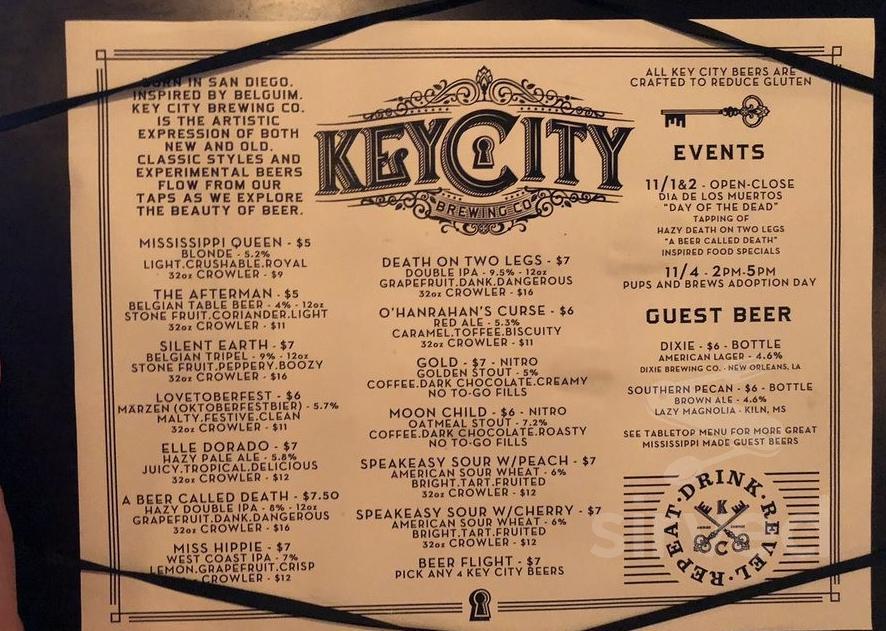 Menu - Vicksburg MS's Key City Brewery & Eatery | Sirved