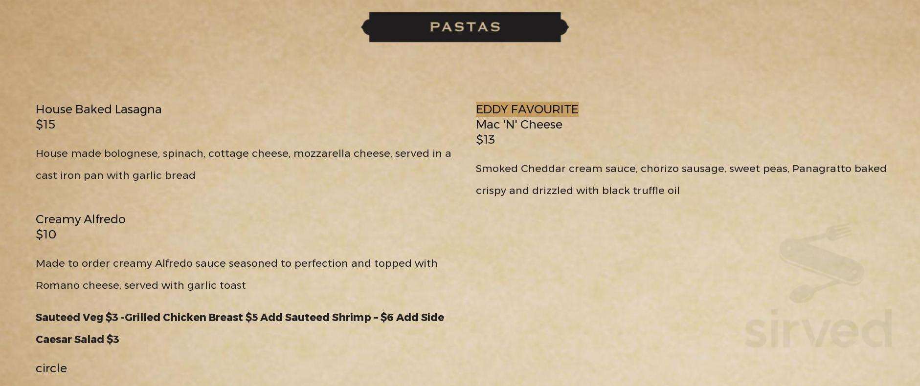 The Eddy Restaurant menu in Kakabeka Falls, Ontario, Canada