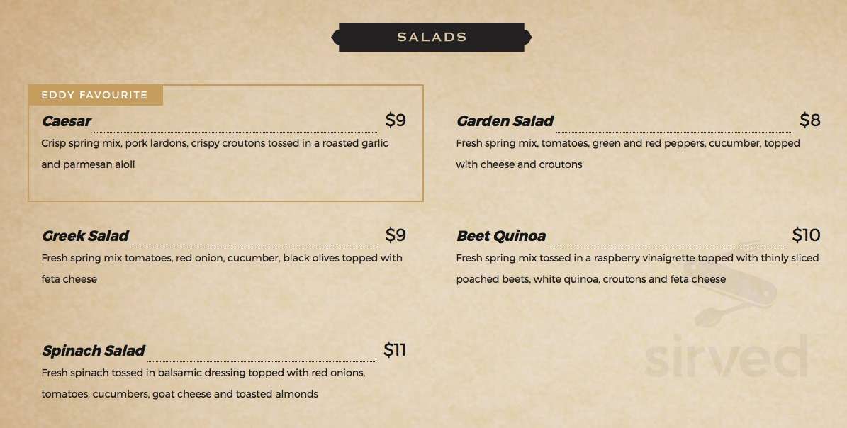 The Eddy Restaurant menu in Kakabeka Falls, Ontario, Canada
