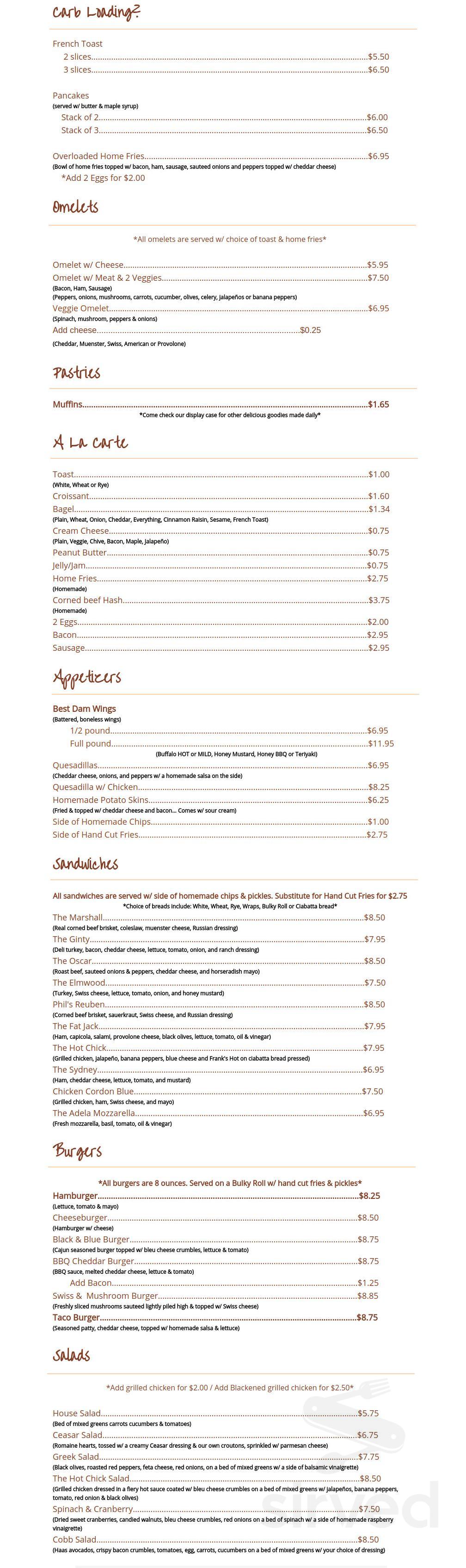 The Dam Cafe menu in Holyoke, Massachusetts, USA