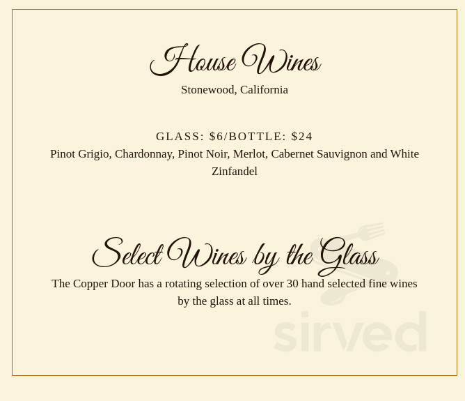 The Copper Door menu in Hayesville, North Carolina, USA