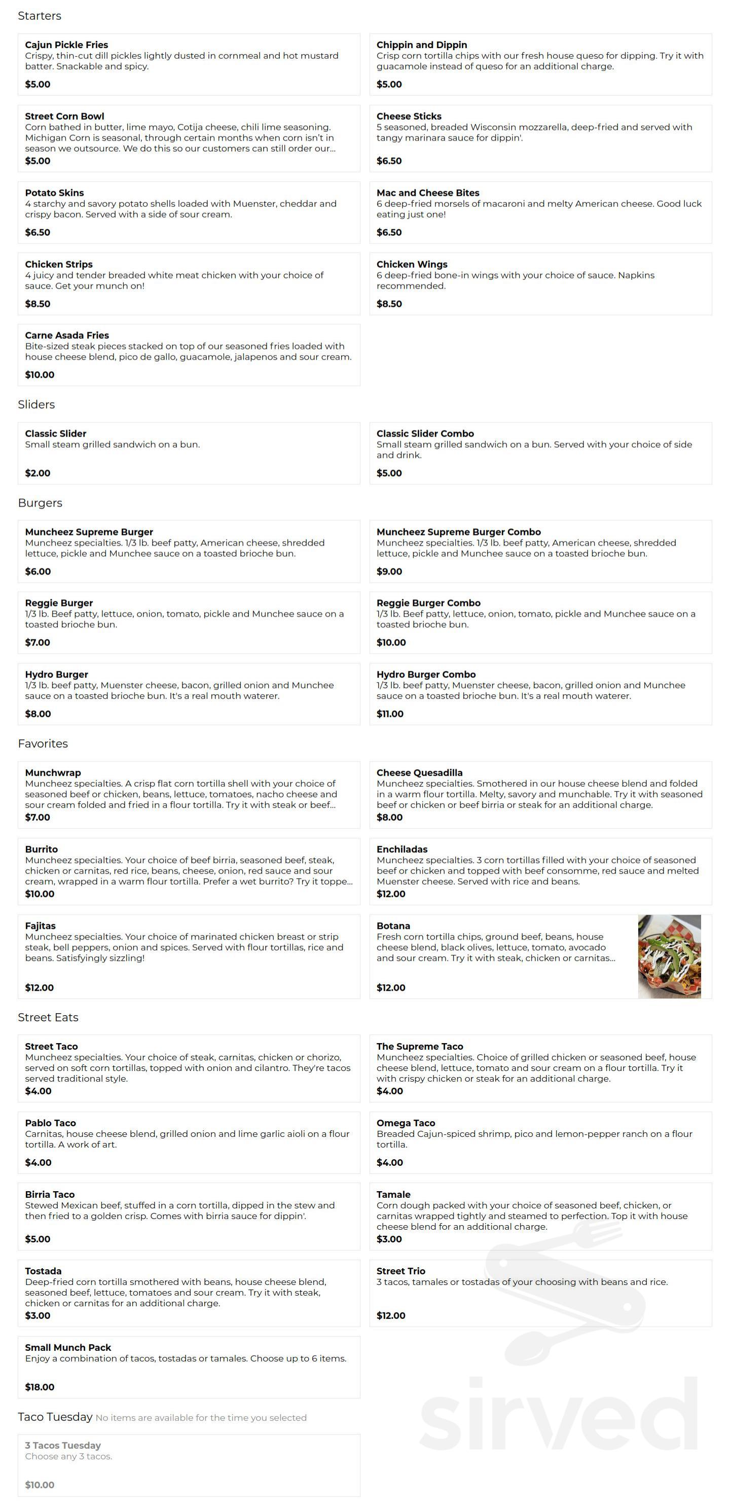 Muncheez menu in Sterling Heights, Michigan, USA