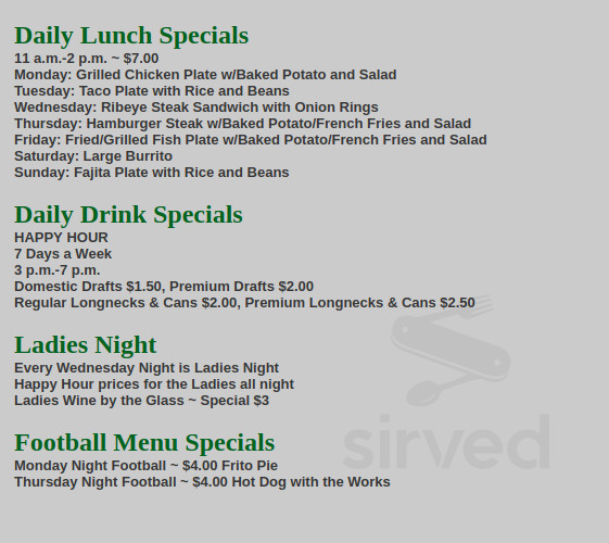 Bullpen Bar & Grill menus in Giddings, Texas, United States