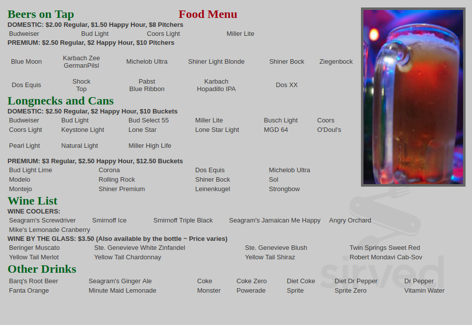 Bullpen Bar & Grill menus in Giddings, Texas, United States