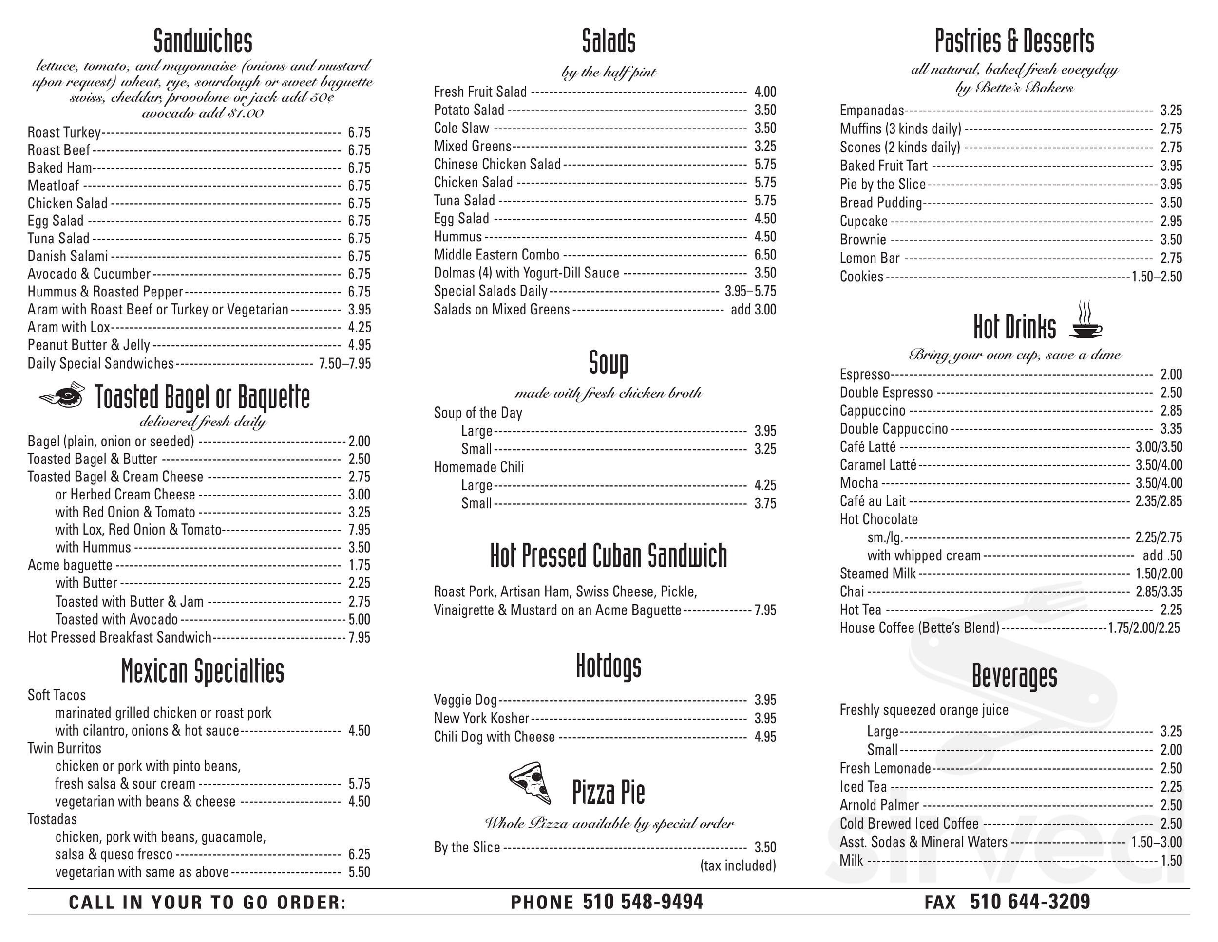 Oceanview Diner menu in Berkeley, California, USA