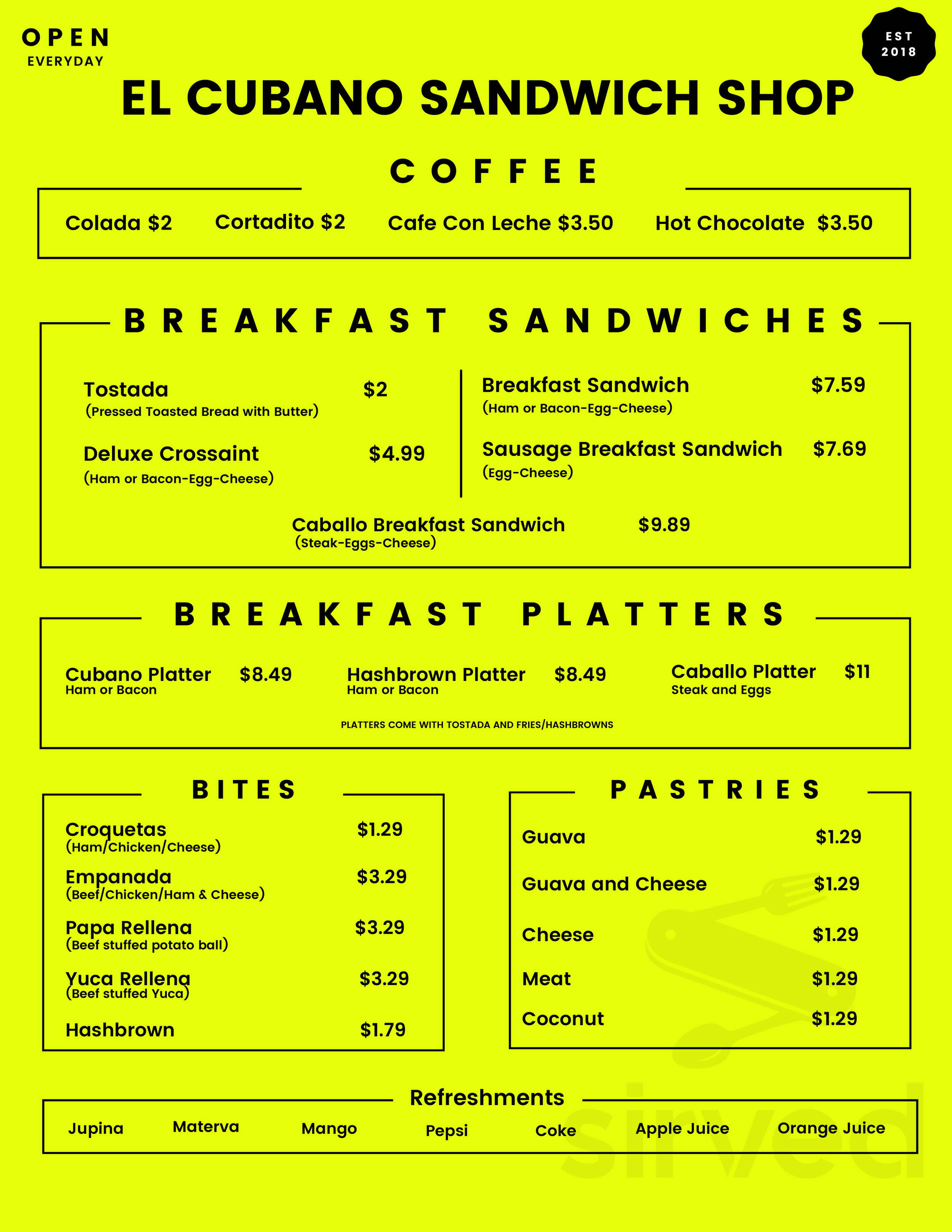 El Cubano Sandwich Shop (Atlantic Blvd) menu in Coral Springs, Florida, USA