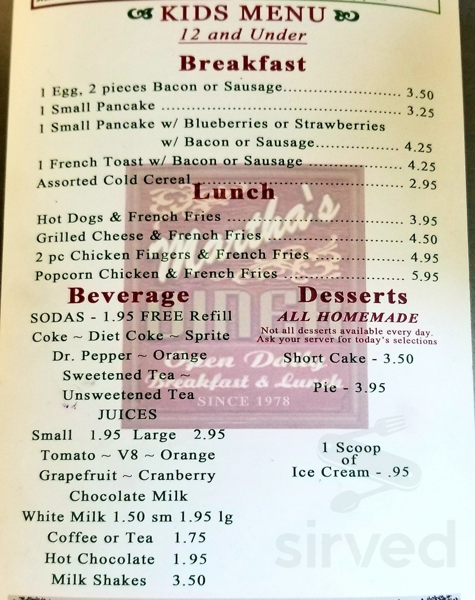 Menu for Martha’s Diner in Coventry, VT | Sirved