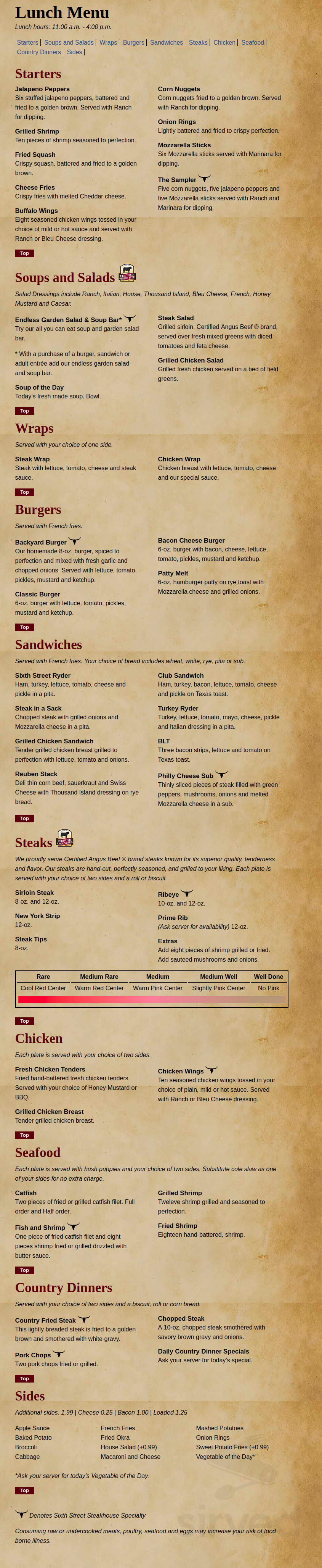 Sixth Street Steakhouse menu in Macclenny, Florida, USA
