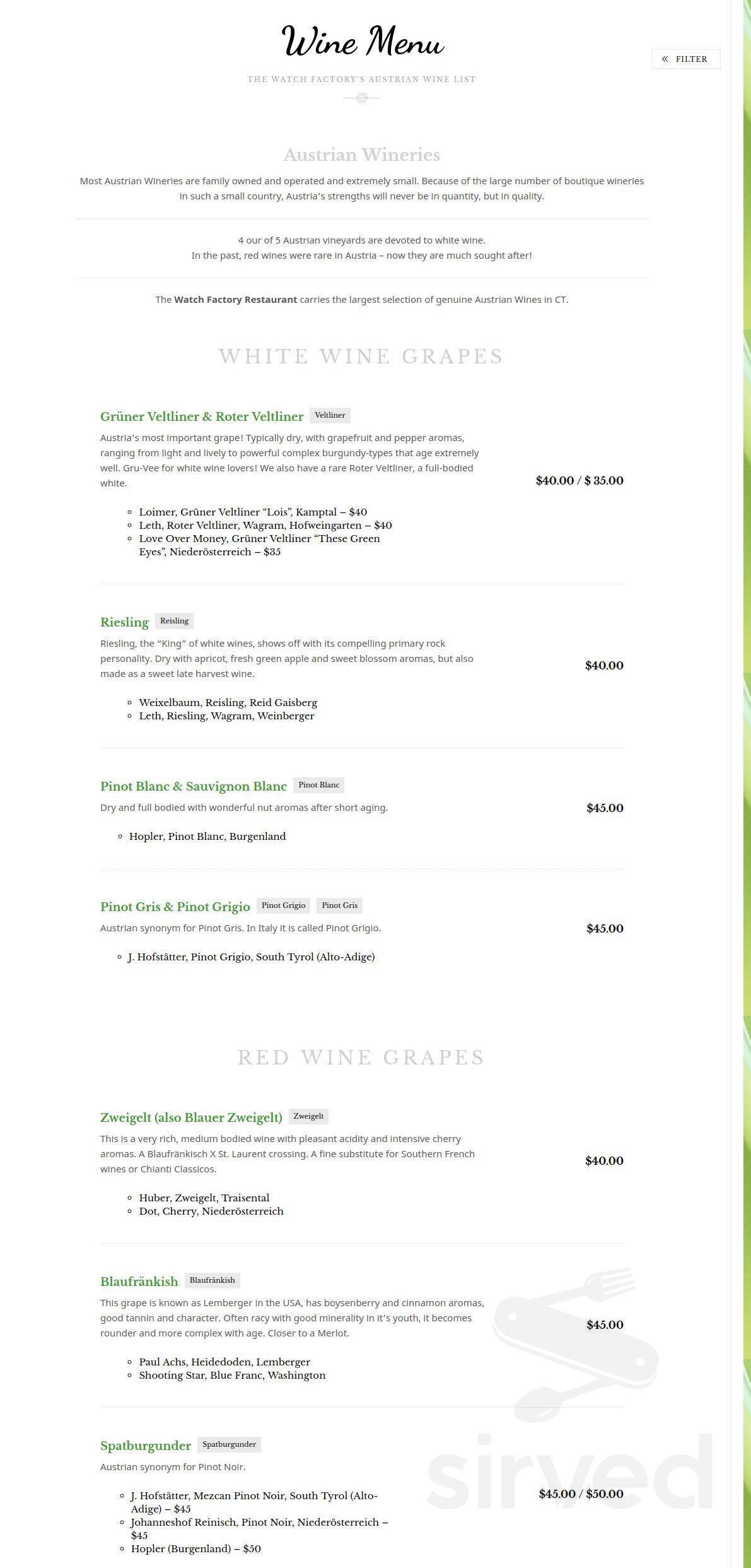 The Watch Factory menus in Cheshire, Connecticut, United States