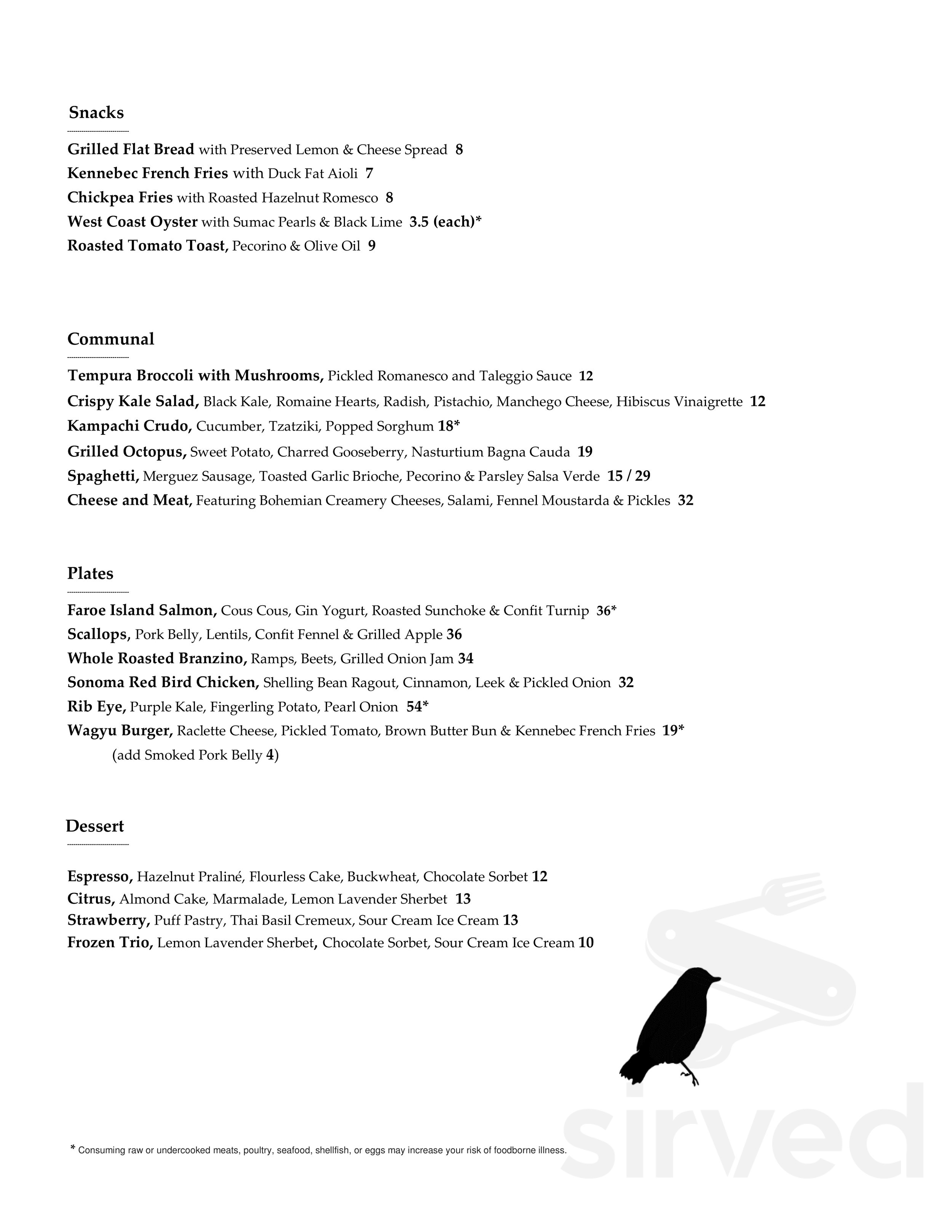 Blackbird menu in Santa Barbara, California, USA