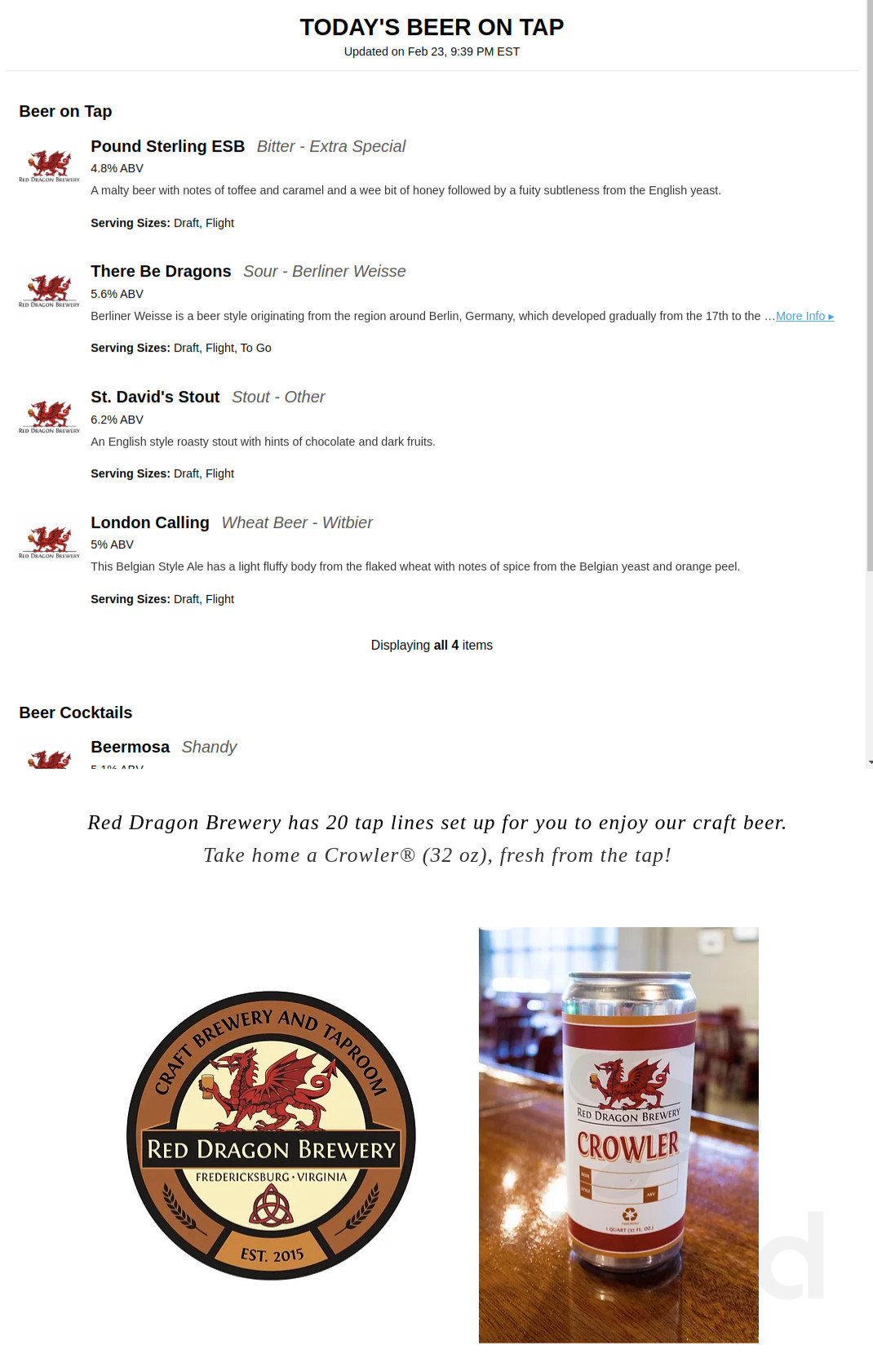 Red Dragon Brewery menu in Fredericksburg, Virginia, USA