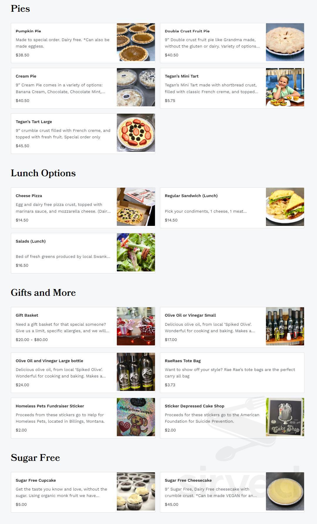 Rae Rae's Gluten Free Bakery menu in Billings, Montana, USA