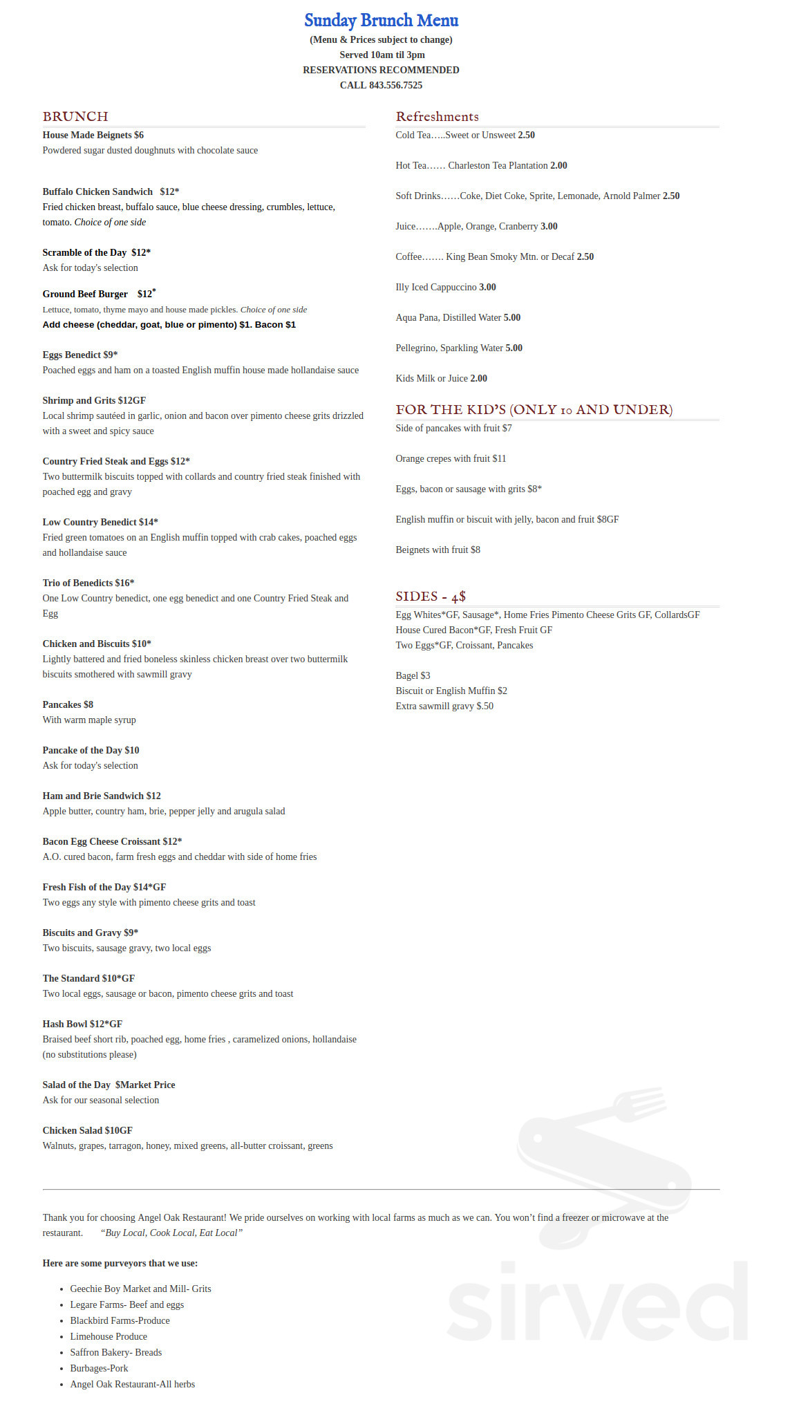 Angel Oak Restaurant and Bar menu in Johns Island, South Carolina, USA